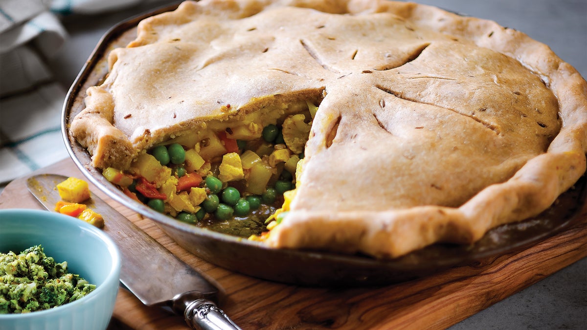 Vegetable Samosa Pie with Cilantro Almond Chutney Recipe