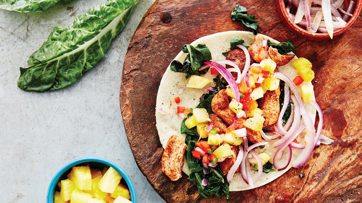 Pork & Swiss Chard Tacos with Spicy Pineapple Salsa