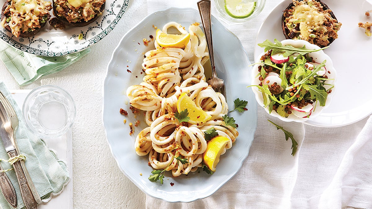 Grilled Calamari with Lentil Garden Vegetable Salad